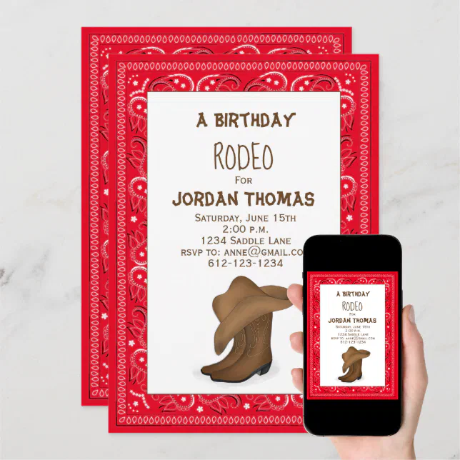 Birthday Cute Red Bandana Cowboy Hat and Boots Invitation | Zazzle