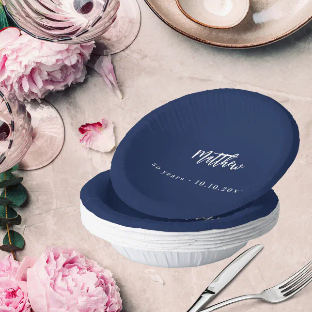 Birthday dark blue white script minimalist paper bowls | Zazzle