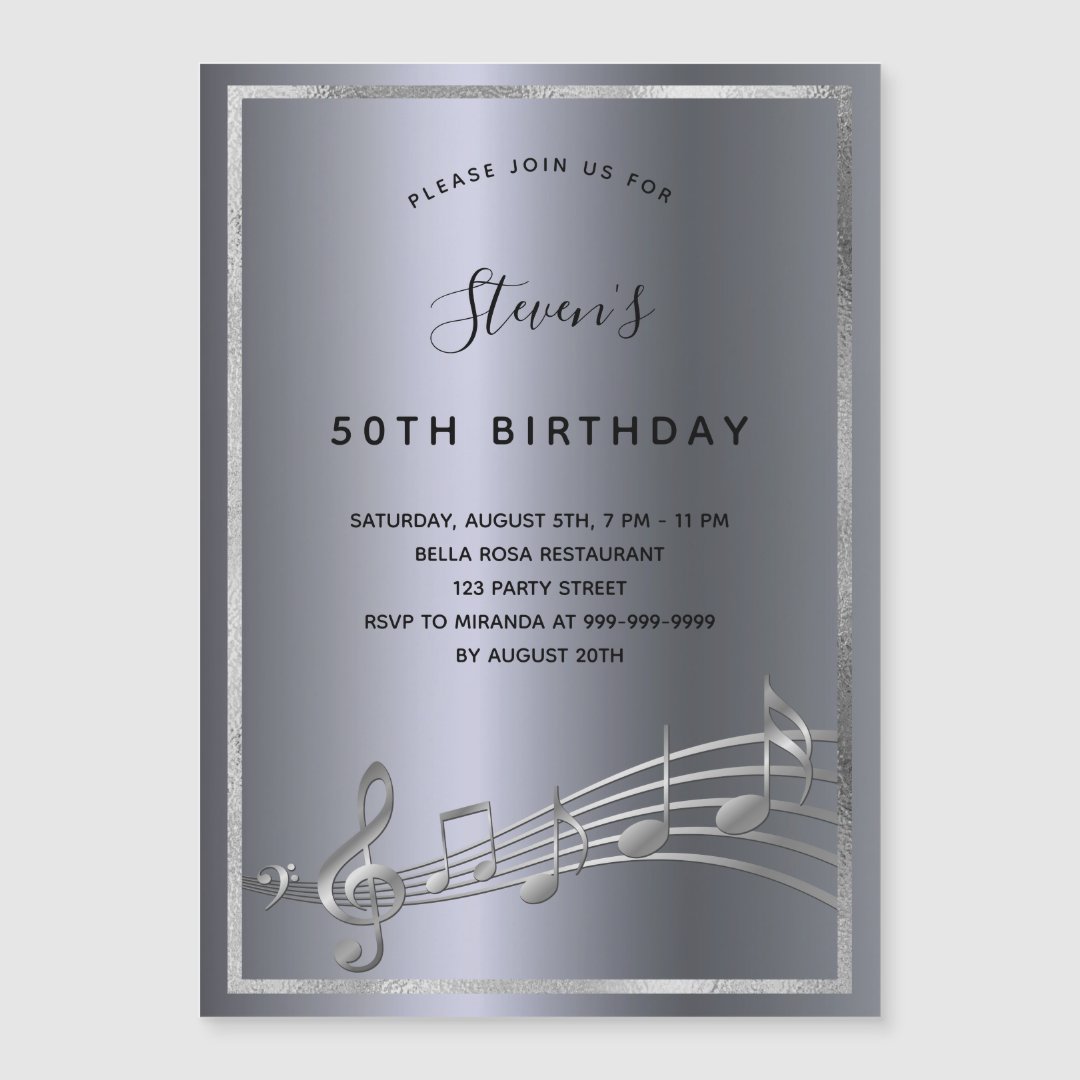 Birthday dark silver music notes invitation magnet | Zazzle