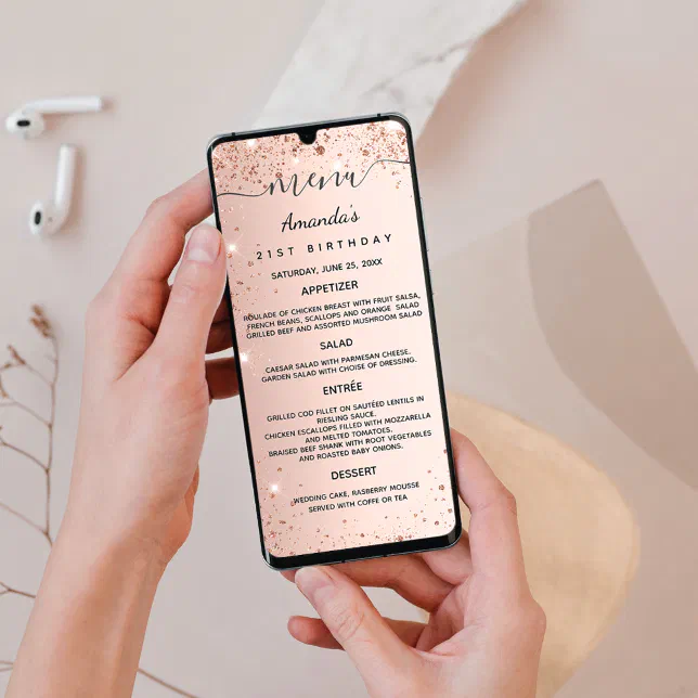 Birthday dinner menu rose gold sparkles card | Zazzle