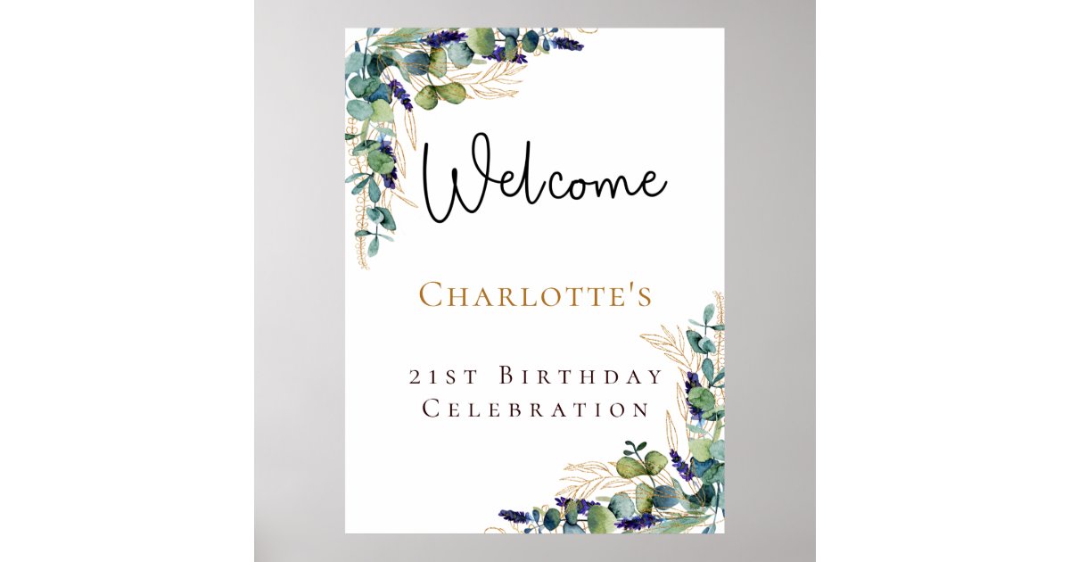 Birthday eucalyptus greenery welcome script poster | Zazzle
