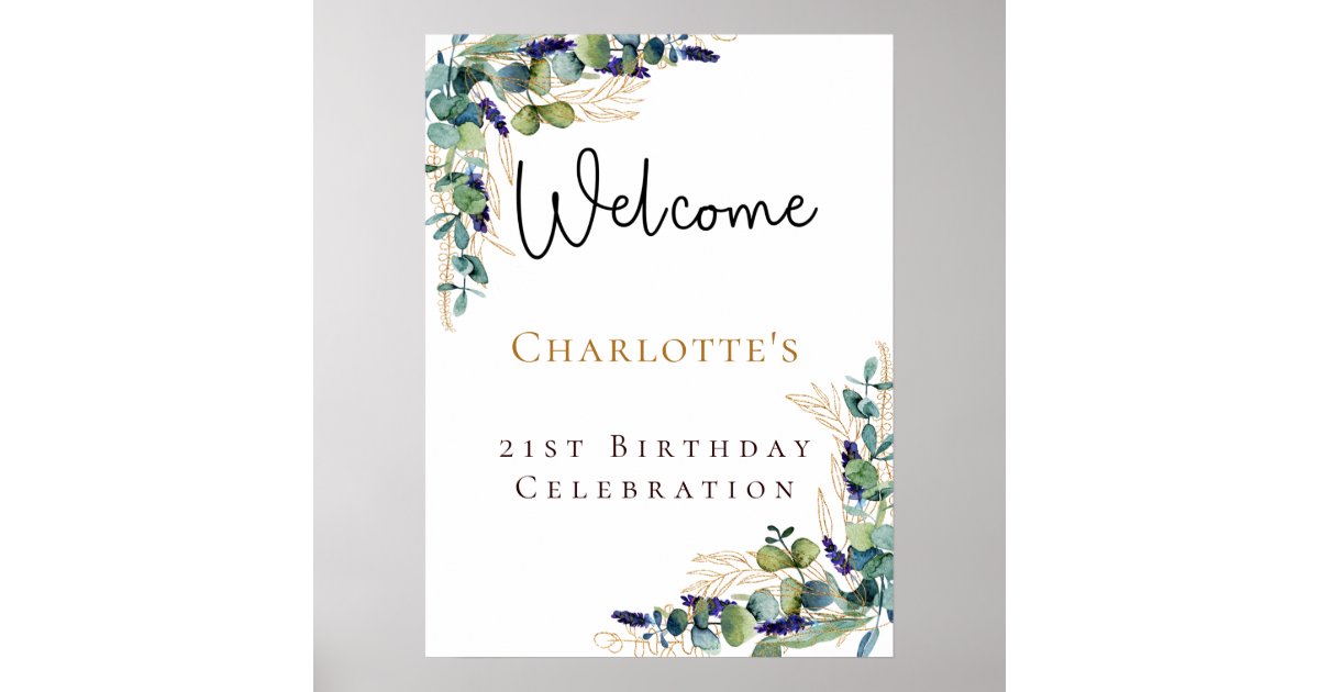 Birthday eucalyptus greenery welcome script poster | Zazzle