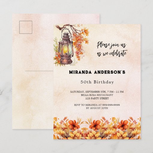 Birthday fall florals orange vintage invitation postcard | Zazzle