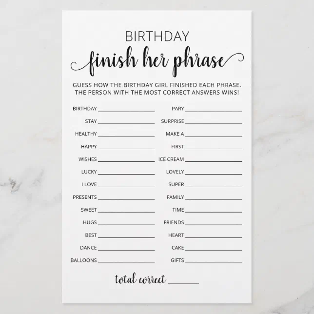 Birthday Finish Her Phrase Birthday Party game | Zazzle