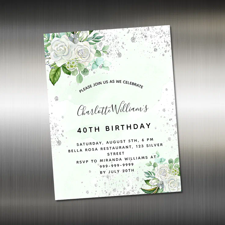 Birthday floral silver greenery invitation magnet | Zazzle