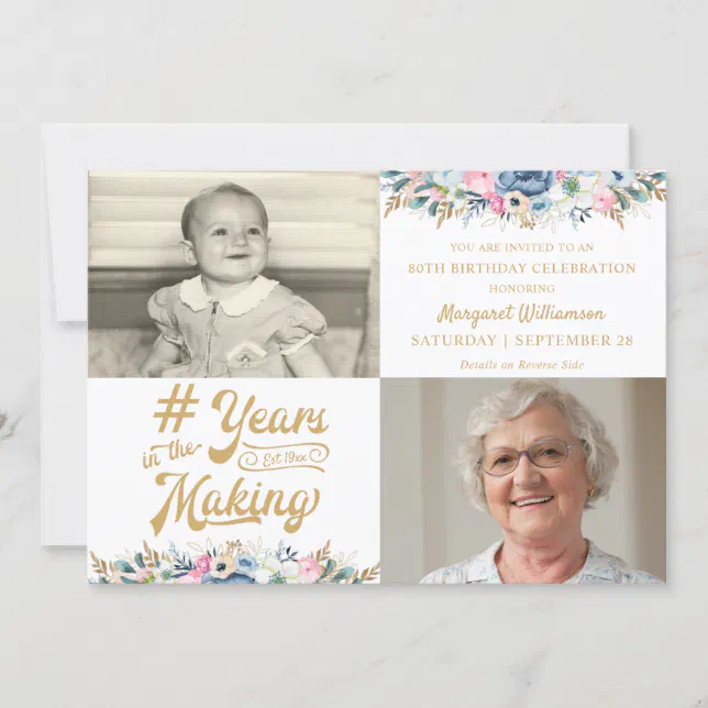 Birthday Floral YEARS IN THE MAKING 2 Photo Invitation | Zazzle