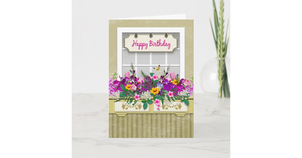 Birthday, Flower Box on Window, Colorful Flowers Card | Zazzle