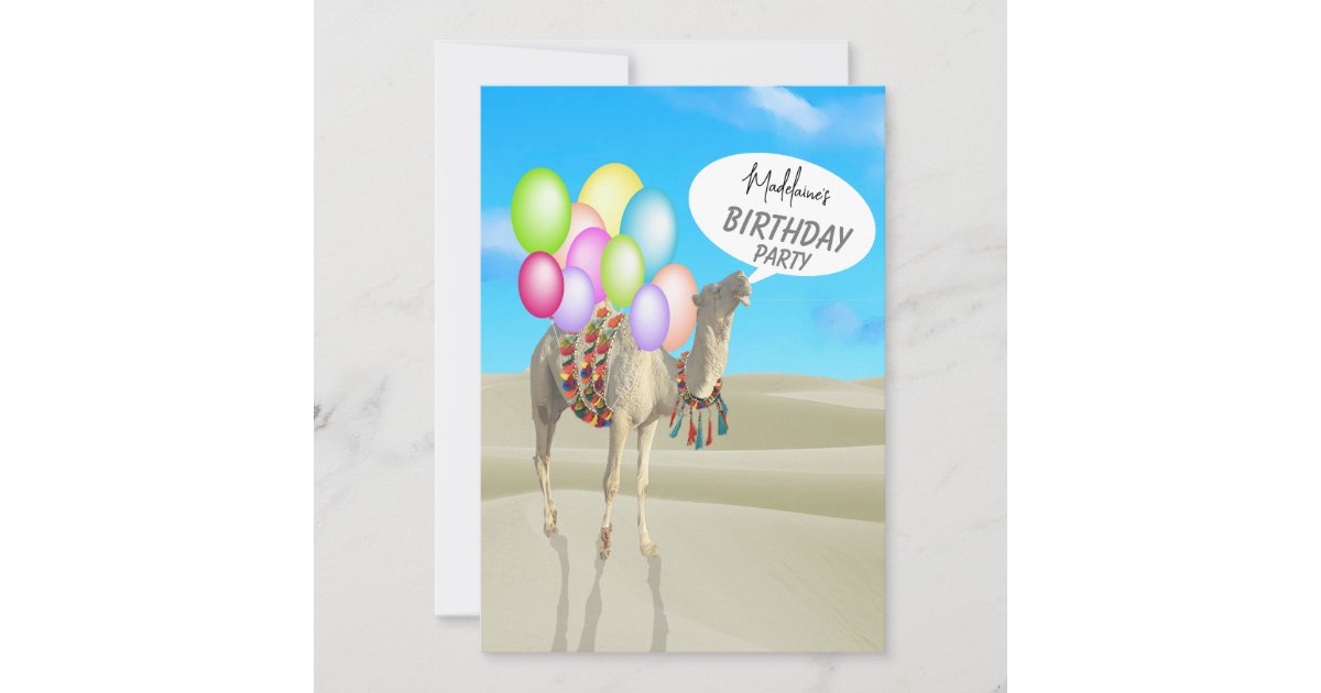 Birthday Fun Desert Camel Colorful Balloons Invitation | Zazzle