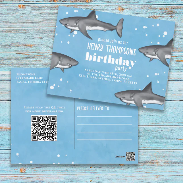 Birthday Fun Whimsical Sharks Ocean QR Code Postcard | Zazzle