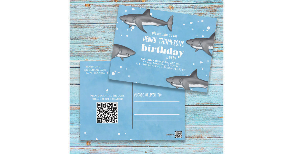Birthday Fun Whimsical Sharks QR Code Social Media Postcard | Zazzle