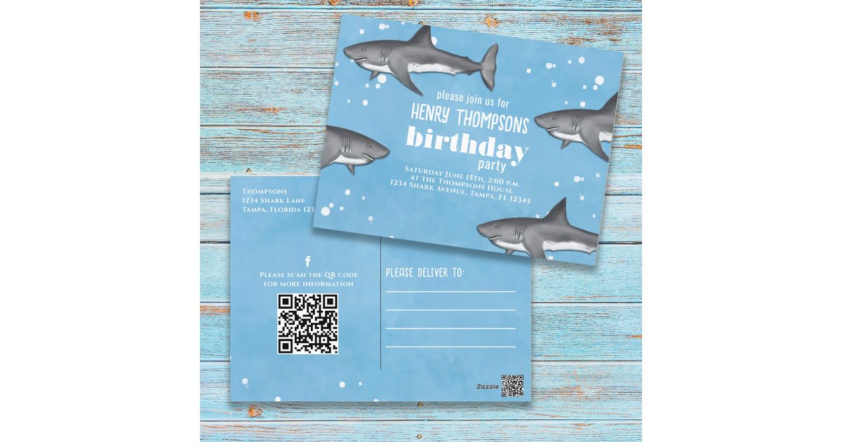 Birthday Fun Whimsical Sharks QR Code Social Media Postcard | Zazzle
