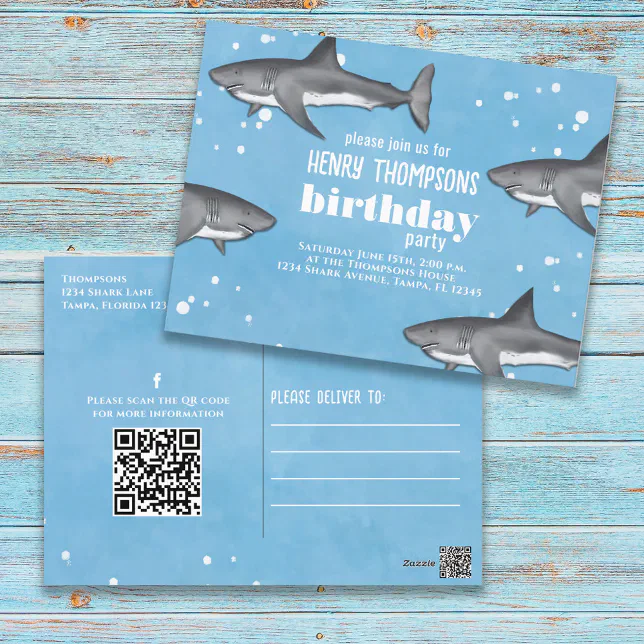 Birthday Fun Whimsical Sharks QR Code Social Media Postcard | Zazzle