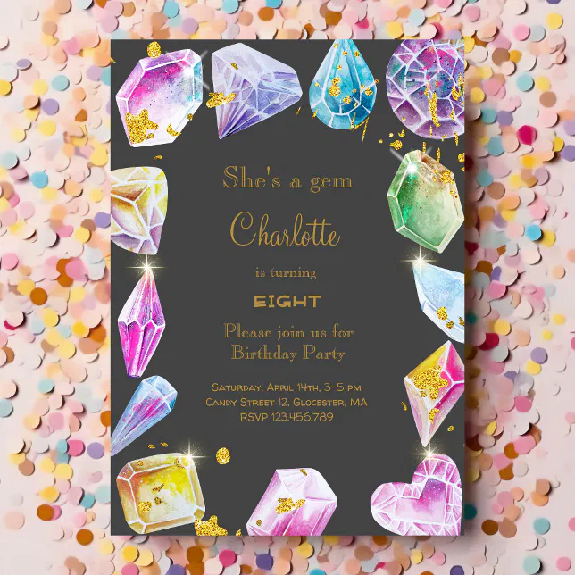 Birthday Gem Party Crystals Girl's watercolor Invitation | Zazzle