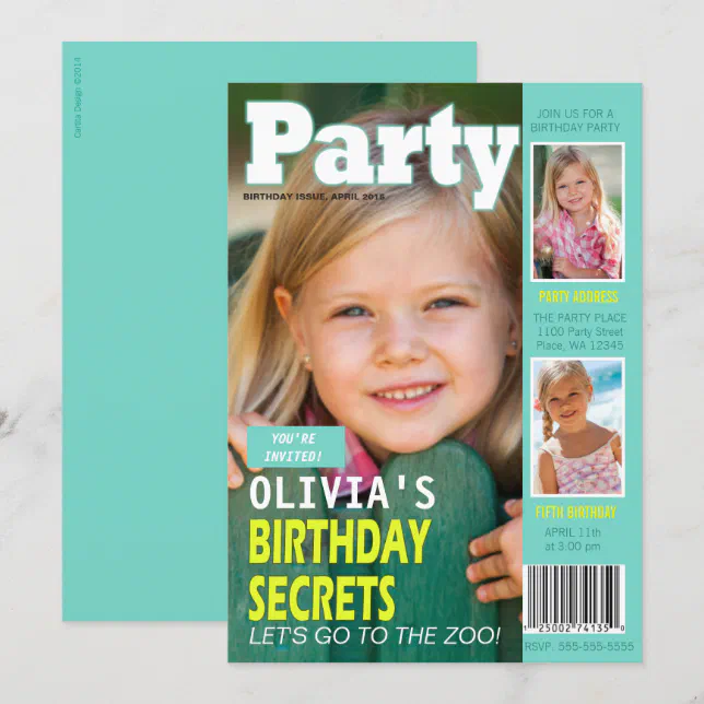 Birthday Girl Magazine Cover 3 Photos Party Invitation | Zazzle