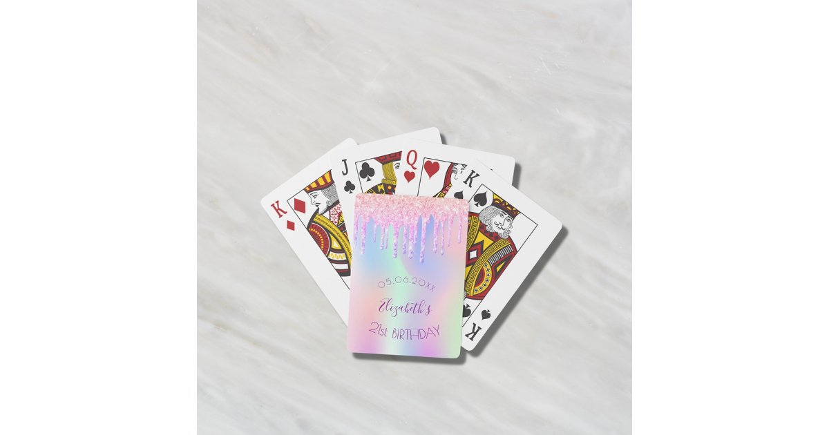 Birthday glitter drip holographic rainbow monogram poker cards | Zazzle