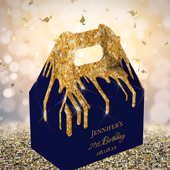 Birthday glitter navy blue gold sparkle name favor boxes | Zazzle