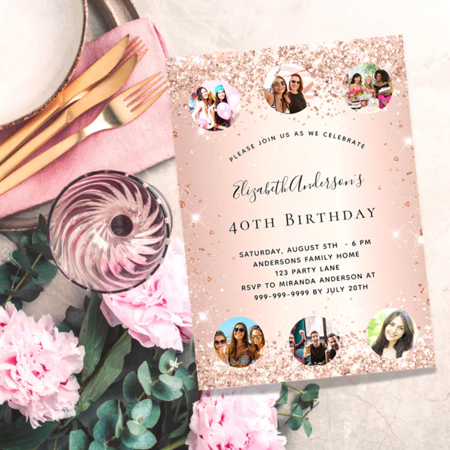 Birthday glitter rose gold blush photo collage invitation | Zazzle