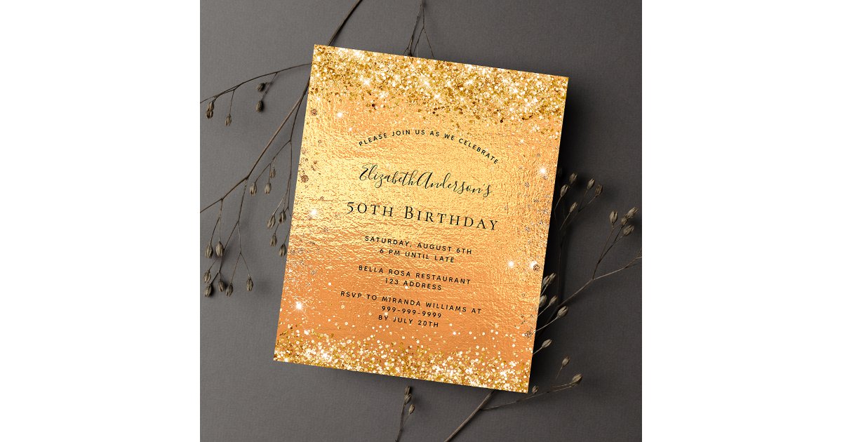 Birthday gold glitter glamorous invitation postcard | Zazzle
