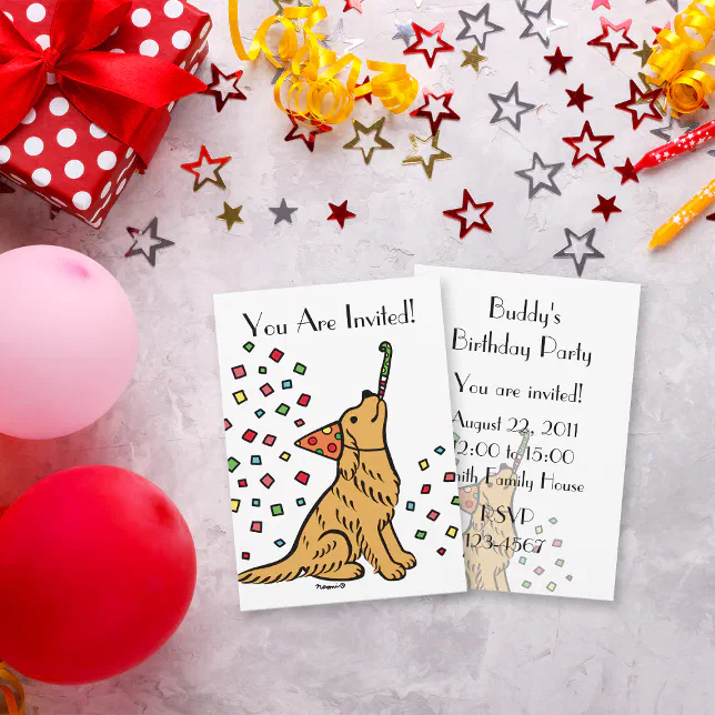 Birthday Golden Retriever Cartoon Invitations | Zazzle