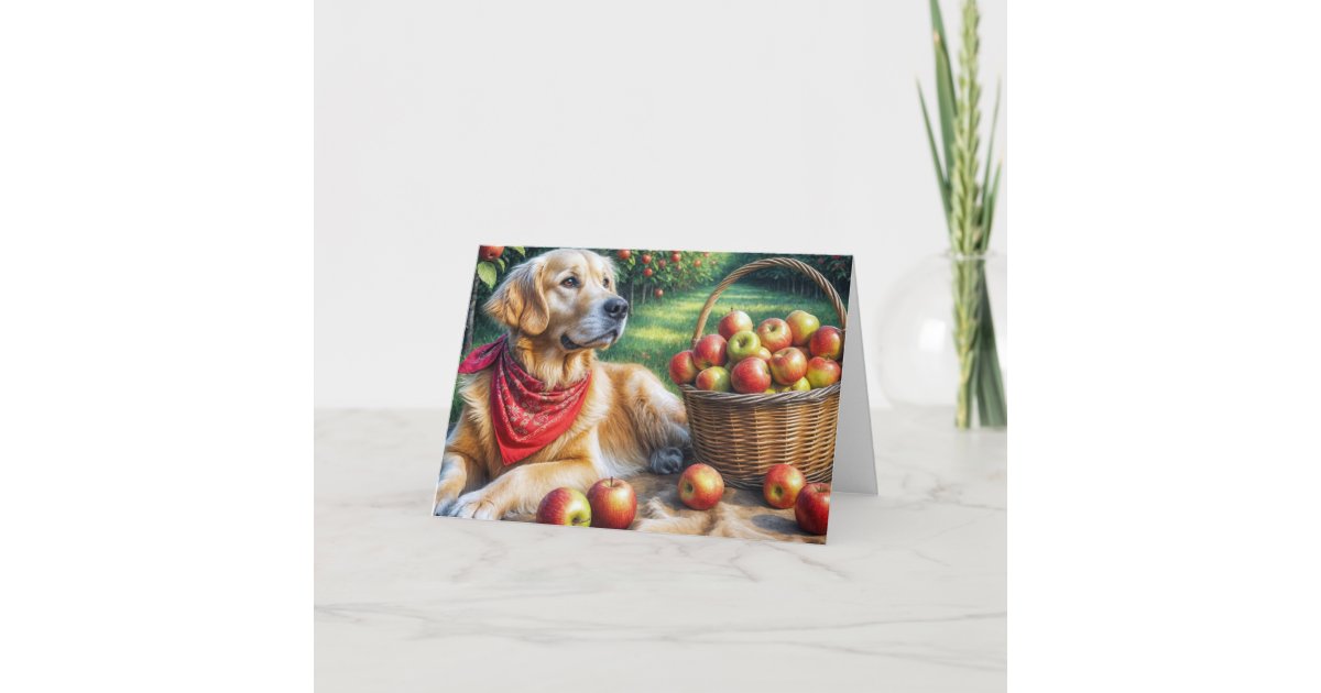 Birthday Golden Retriever in an Apple Orchard Card | Zazzle