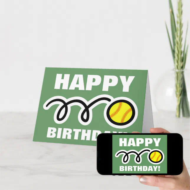 Birthday greeting card with yellow softball design | Zazzle