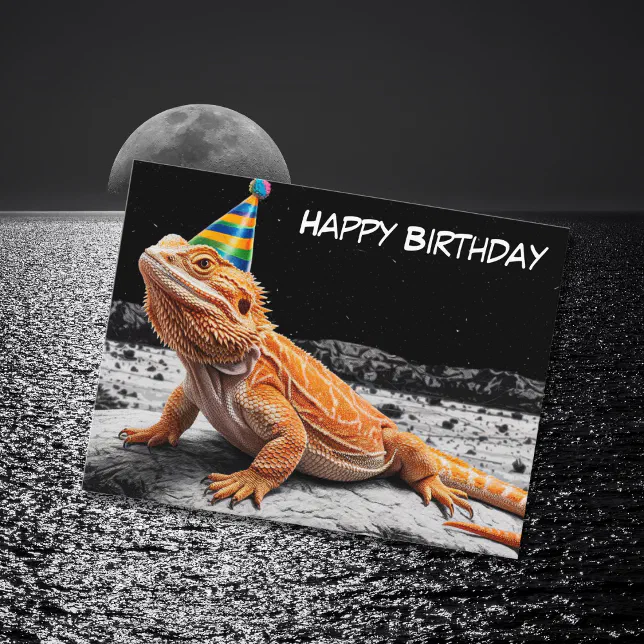 Birthday hat wearing bearded dragon birthday postcard | Zazzle
