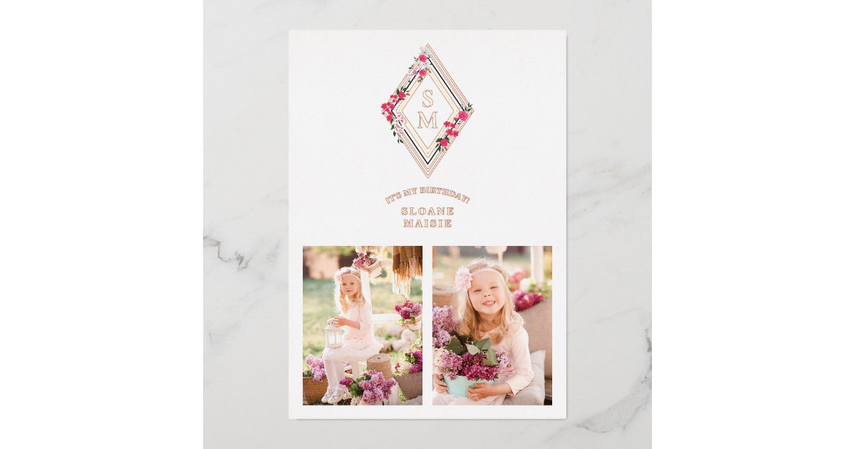 Birthday Initials 2 Photos Rose Gold Effect Floral Foil Invitation | Zazzle