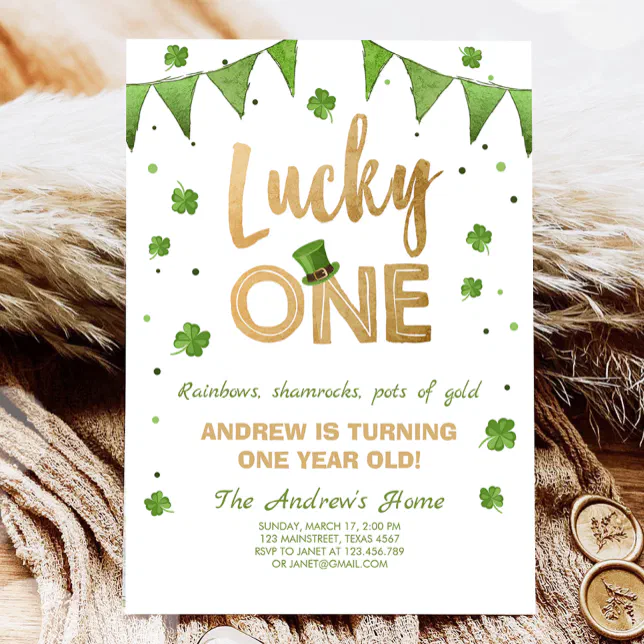 Birthday Invitation Lucky One First Birthday Gold | Zazzle