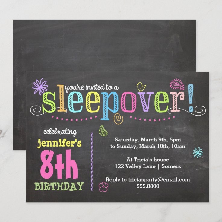 Birthday Invitation-Sleepover Party, Chalk + Neon Invitation | Zazzle