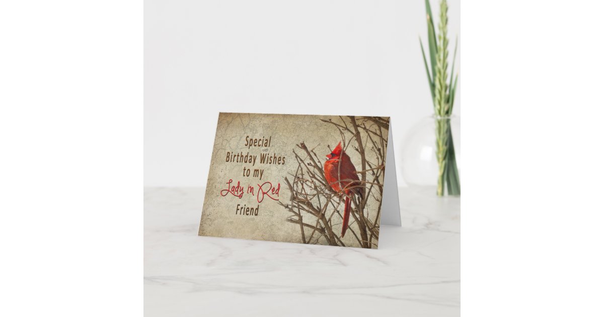 BIRTHDAY - LADY IN RED - CARDINAL/TEXTURES CARD | Zazzle