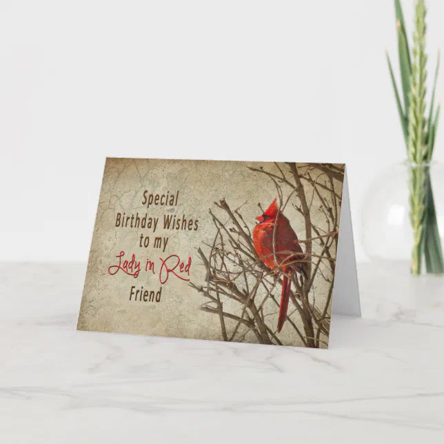 BIRTHDAY - LADY IN RED - CARDINAL/TEXTURES CARD | Zazzle