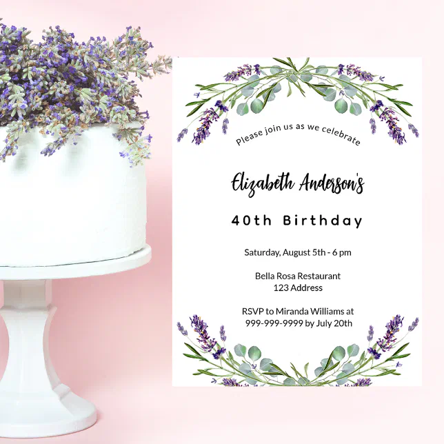 Birthday lavender florals eucalyptus greenery invitation | Zazzle