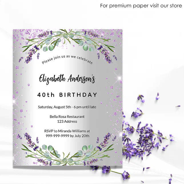 Birthday lavender silver budget invitation | Zazzle