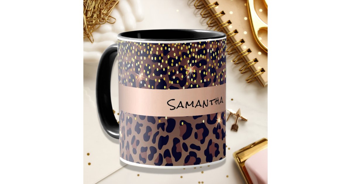 Birthday leopard pattern brown black name age mug | Zazzle