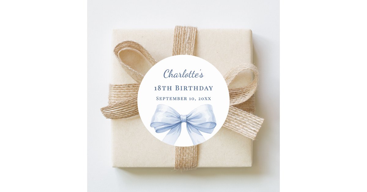 Birthday light blue bow classic round sticker | Zazzle
