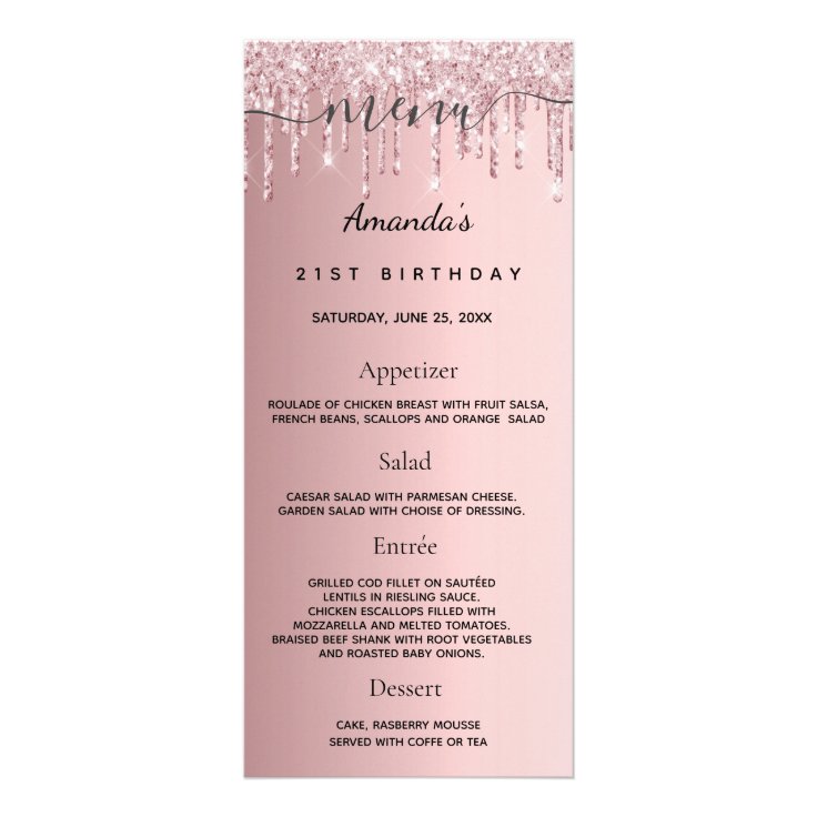 Birthday Menu blush pink glitter photo fun facts | Zazzle