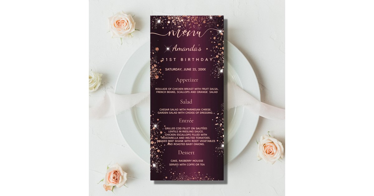 Birthday Menu burgundy rose gold glitter dust | Zazzle