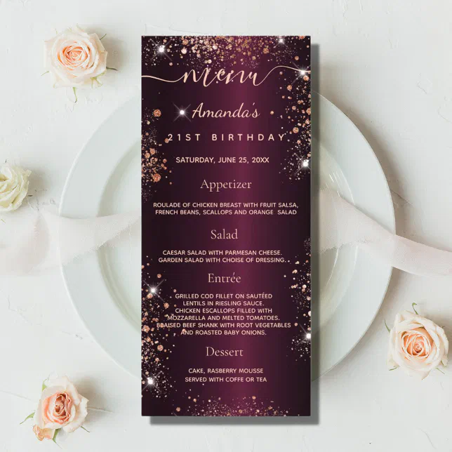 Birthday Menu burgundy rose gold glitter dust | Zazzle