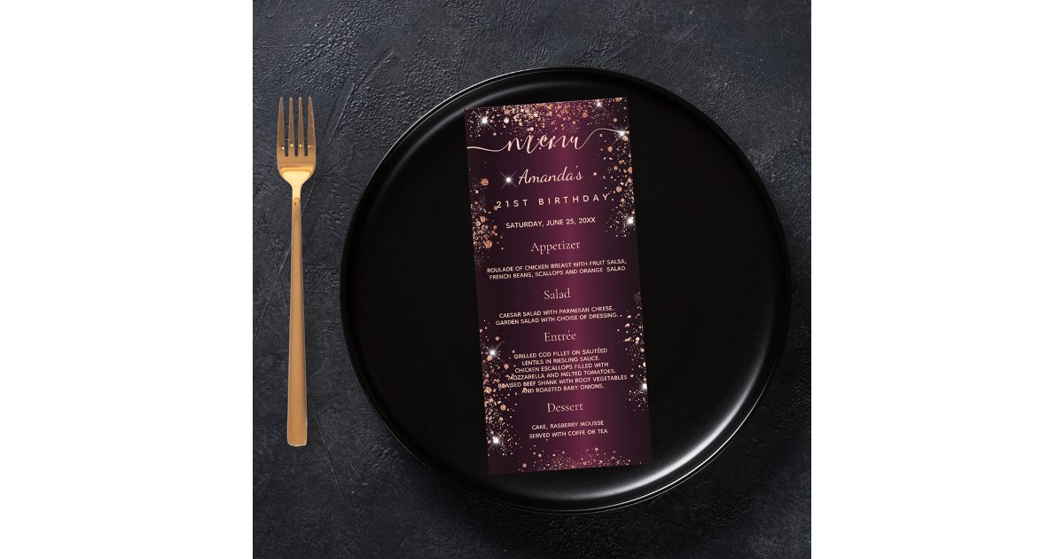 Birthday Menu burgundy rose gold photo fun facts | Zazzle