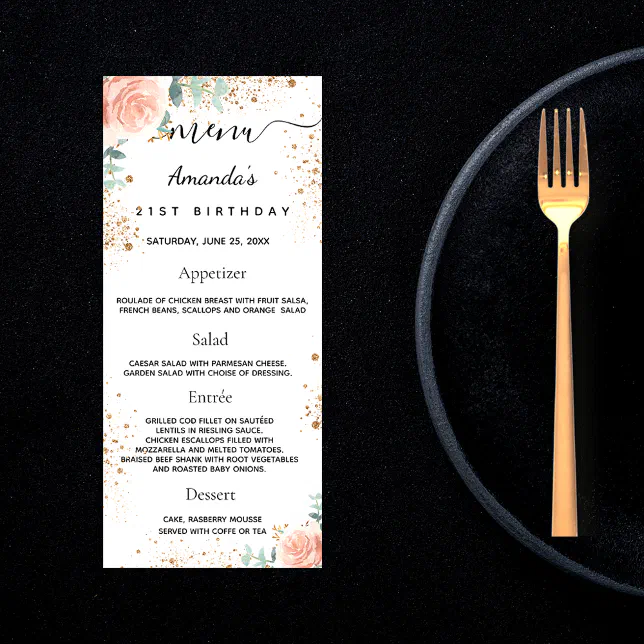 Birthday Menu rose gold floral eucalyptus glitter | Zazzle