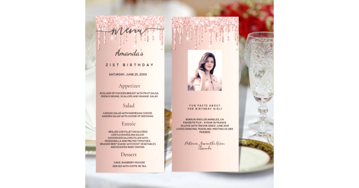 Birthday Menu rose gold photo fun facts | Zazzle