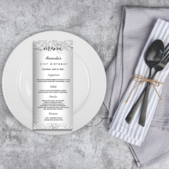 Birthday Menu silver glitter sparkles elegant | Zazzle