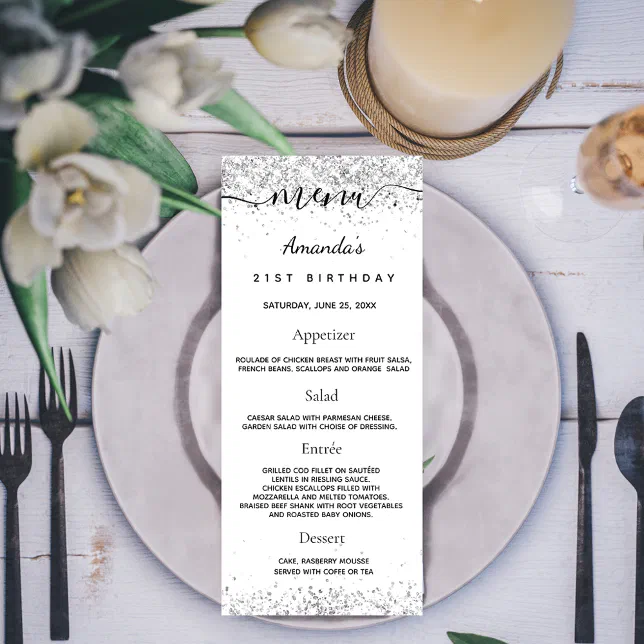 Birthday Menu white silver glitter sparkles | Zazzle
