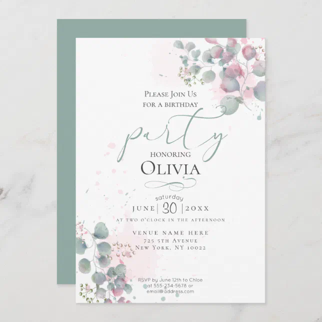 BIRTHDAY | Modern Watercolor Eucalyptus Foliage Invitation | Zazzle