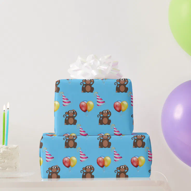 Birthday Monkey and Balloons Kids Wrapping Paper | Zazzle