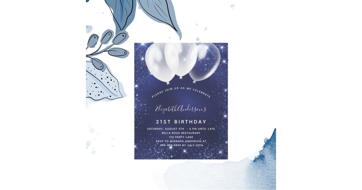 Birthday navy blue balloon invitation | Zazzle