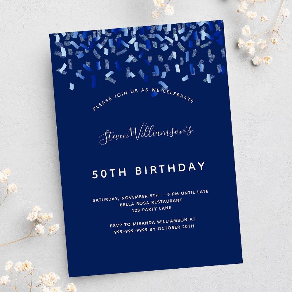 Birthday navy blue confetti men guy invitation - Snuggle Hamster Designs