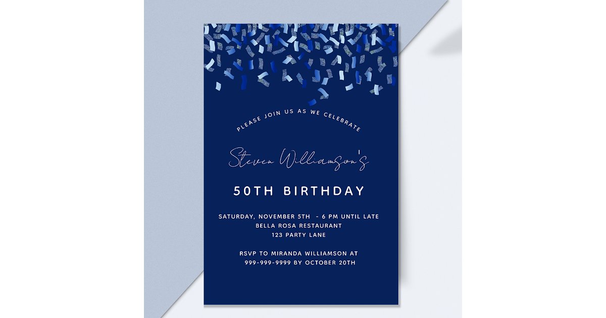 Birthday navy blue confetti men guy luxury invitation | Zazzle