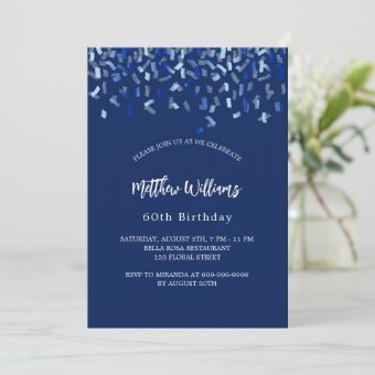 Birthday navy blue confetti men guy party invitation | Zazzle