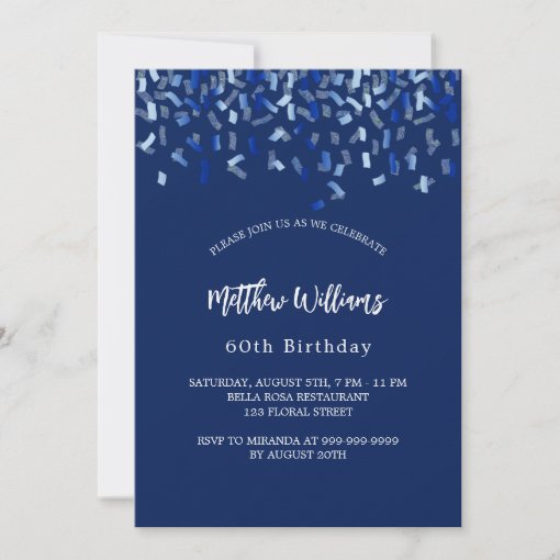 Birthday navy blue confetti men guy party invitation | Zazzle